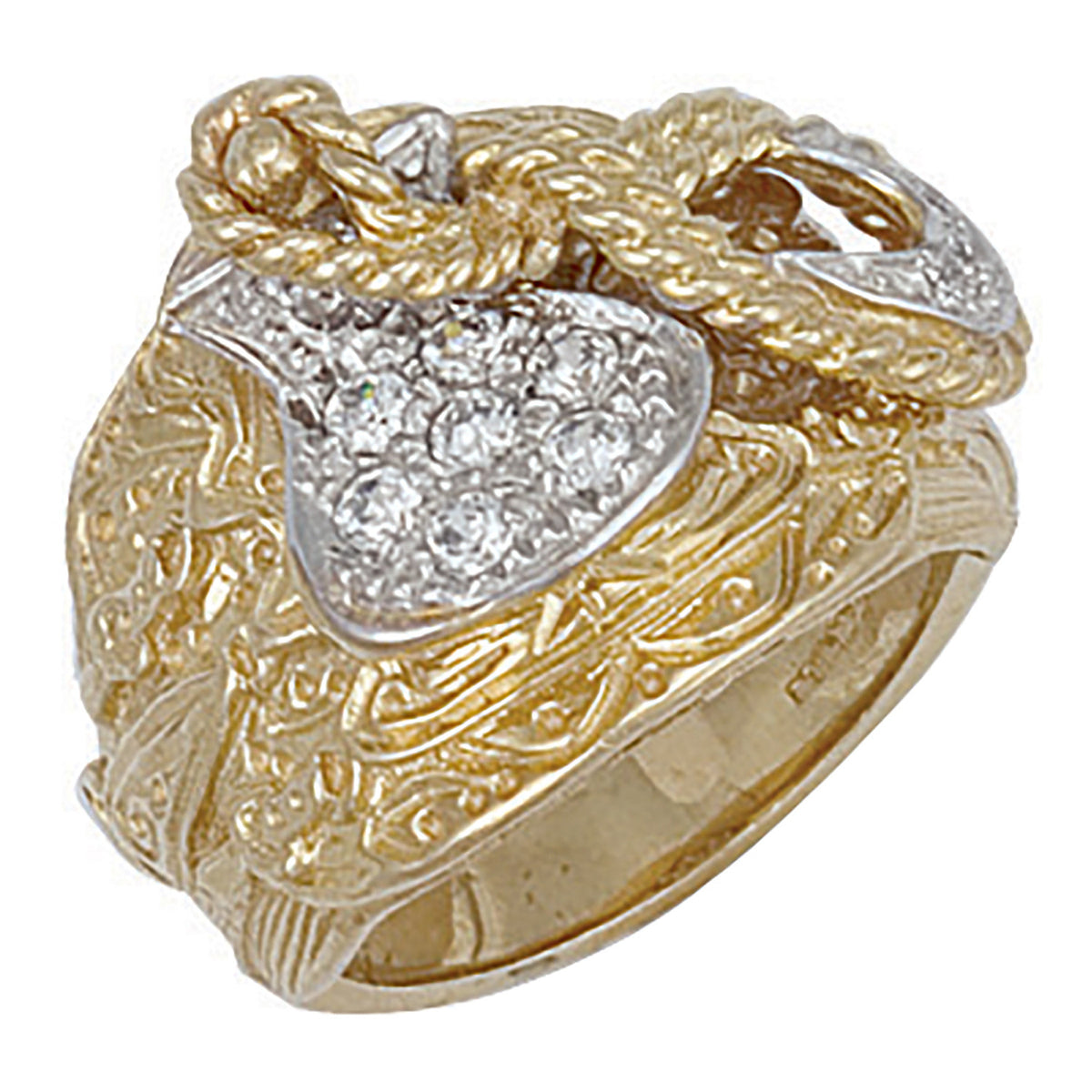 9ct Yellow Gold CZ Saddle Ring – Bold Equestrian 20mm – Samuel Perry